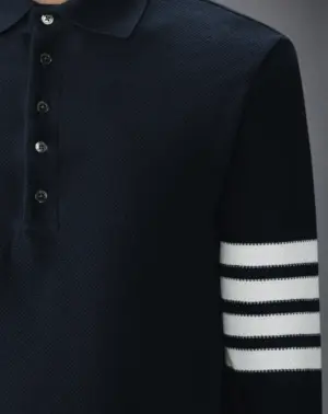 Thom Browne Long Sleeve Polo In Textured Pique W/ Eng Bar - Navy