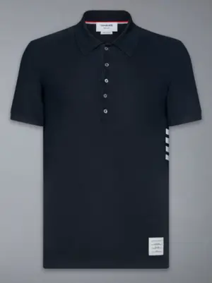 Thom Browne Short Sleeve Rib Cuff Polo W/ Engineered Bar Stripe In Classic Pique - Navy