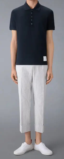 Thom Browne Short Sleeve Rib Cuff Polo W/ Engineered Bar Stripe In Classic Pique - Navy