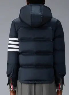 Thom Browne Down Hooded Shirtdress With 4-bar Stripe - Navy