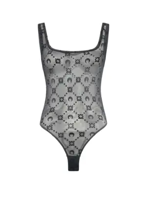 MARINE SERRE Moonogram Mesh Flock Squareneck Bodysuit - Black