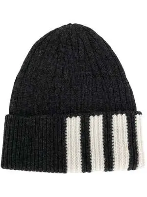 Thom Browne Ribbed Cashmere Hat With Stripe Detail - Dark Grey