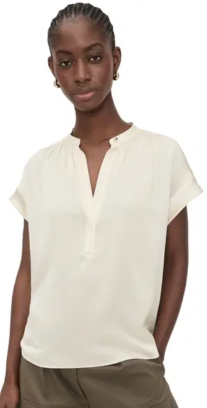 Vince Gathered Neck Cap Sleeve Silk Blouse - Crème