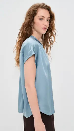Vince Gathered Neck Cap Sleeve Silk Blouse - Del Mar