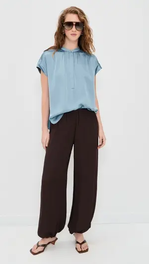 Vince Gathered Neck Cap Sleeve Silk Blouse - Del Mar