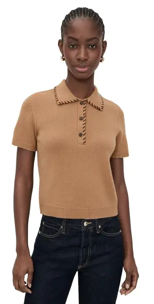 FRAME Leather Stitch Polo Wool & Cashmere Blend - Camel