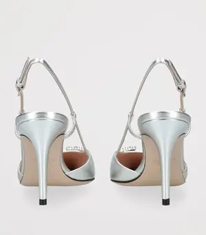 Valentino Garavani Leather Vlogo Slingback Pumps - Silver