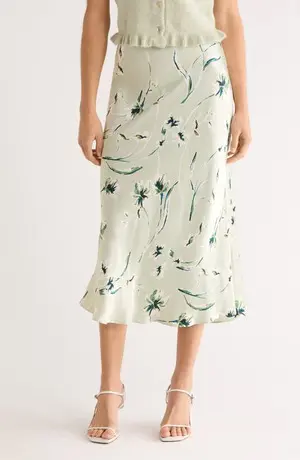Rails Anya Floral Satin Midi Skirt - Mint Linnea
