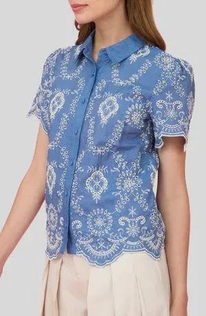 ZOE AND CLAIRE Embroidered Eyelet Cotton Button-up Top