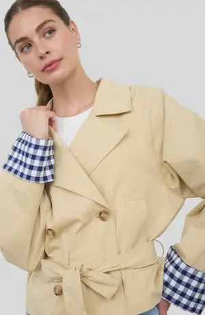 ZOE AND CLAIRE Gingham Cuff Short Trench Coat