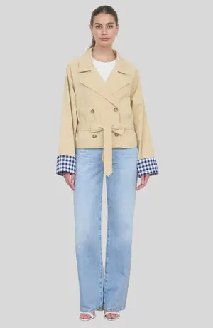 ZOE AND CLAIRE Gingham Cuff Short Trench Coat