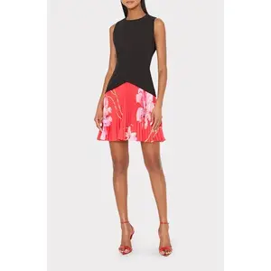 MILLY Floral Pleated Mini Dress Black/red Multi