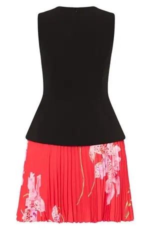 MILLY Floral Pleated Mini Dress - Black/red Multi