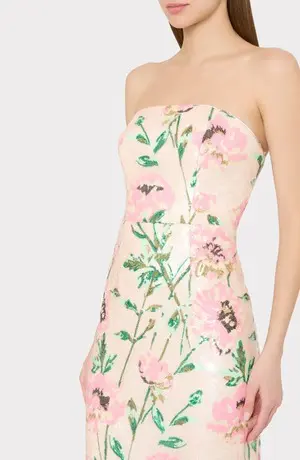 MILLY Kait Floral Sequin Strapless Midi Dress - White Multi