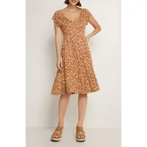 LASCANA V-neck Flounce Dress - Brown Multi