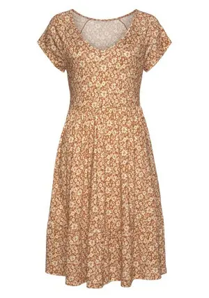 LASCANA V-neck Flounce Dress - Brown Multi
