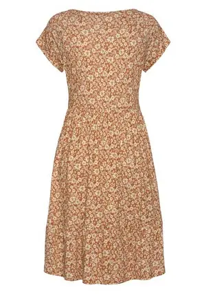 LASCANA V-neck Flounce Dress - Brown Multi