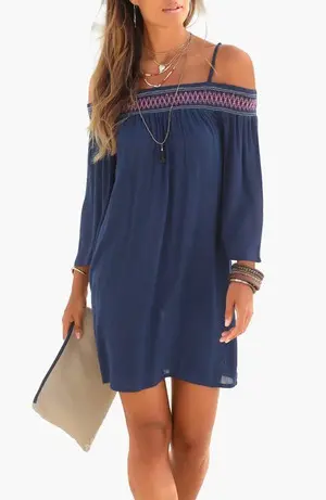 LASCANA Embroidered Cold Shoulder Dress - Navy