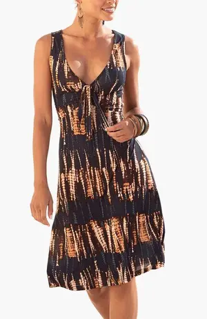 LASCANA Printed Tie Detail V-neck Dress - Navy Printed