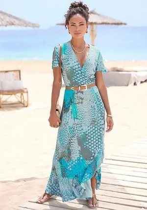 LASCANA Printed Side Slit Maxi Dress - Blue Multi