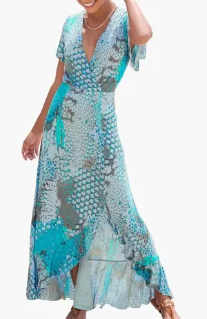 LASCANA Printed Side Slit Maxi Dress - Blue Multi