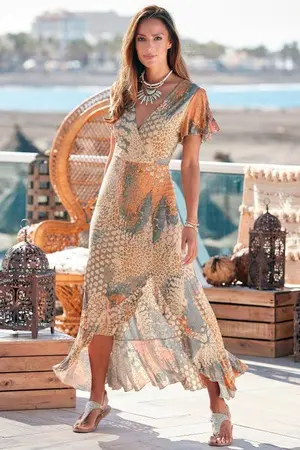 LASCANA Printed Side Slit Maxi Dress - Orange Multi