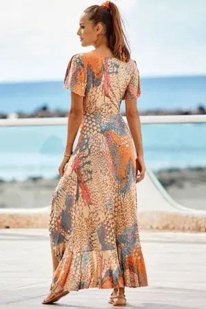 LASCANA Printed Side Slit Maxi Dress - Orange Multi