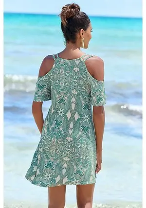 LASCANA Cold Shoulder Knit Dress - Green Patterned