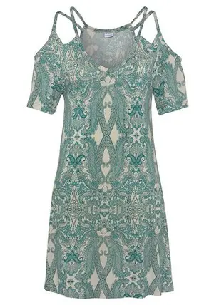 LASCANA Cold Shoulder Knit Dress - Green Patterned