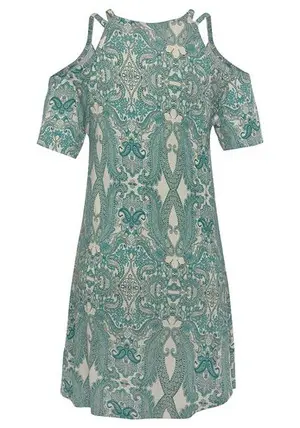 LASCANA Cold Shoulder Knit Dress - Green Patterned
