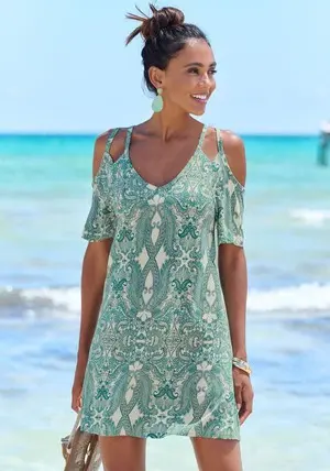 LASCANA Cold Shoulder Dress - Green Patterned