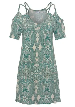 LASCANA Cold Shoulder Dress - Green Patterned
