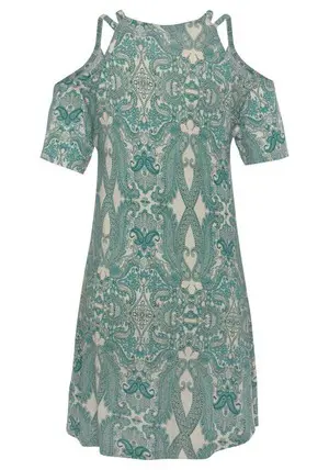 LASCANA Cold Shoulder Dress - Green Patterned