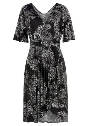 LASCANA Belted Asymmetrical Dress - Black Printed