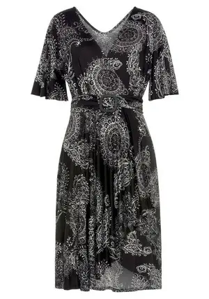 LASCANA Belted Asymmetrical Dress With Decorative Buckle - Black Printed