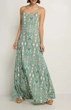 LASCANA Crossed Strap Maxi Dress - Green Patterned