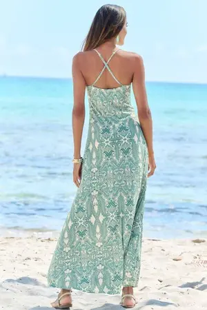 LASCANA Crisscross Strap Printed Maxi Dress - Green Patterned