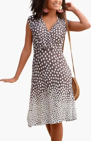 LASCANA Polka Dot V-neck Wrap Dress - Brown Multi