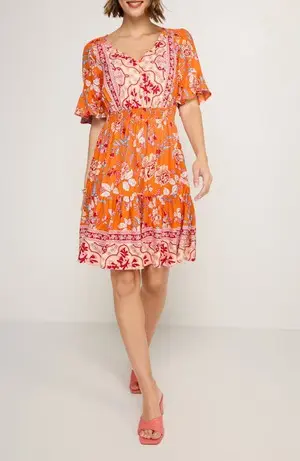 LASCANA Printed V-neck Tiered Flounce Sleeve Dress - Orange Multi