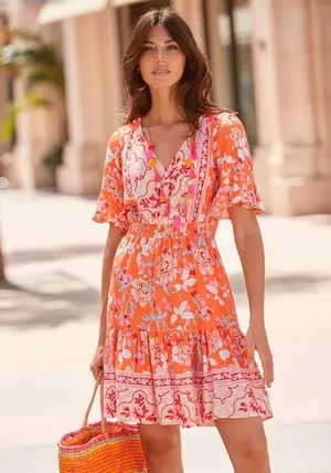 LASCANA Printed V-neck Tiered Flounce Sleeve Dress