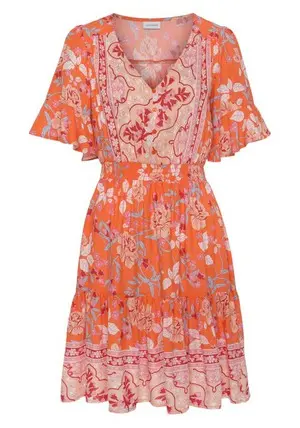 LASCANA Printed V-neck Tiered Flounce Sleeve Dress