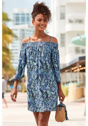 LASCANA Off-the-shoulder Tropical Print Dress - Blue Multi