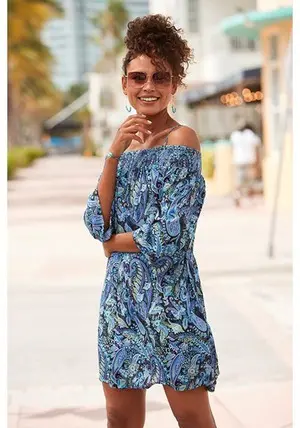 LASCANA Off-the-shoulder Tropical Print Dress - Blue Multi