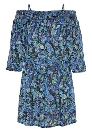 LASCANA Off-the-shoulder Tropical Print Dress - Blue Multi