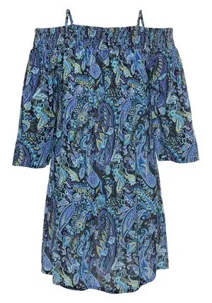 LASCANA Off-the-shoulder Tropical Print Dress - Blue Multi