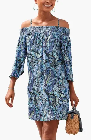 LASCANA Off-the-shoulder Tropical Print Dress - Blue Multi