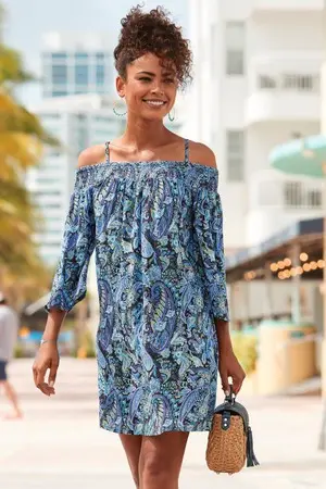 LASCANA Off-the-shoulder Tropical Print Dress - Blue Multi