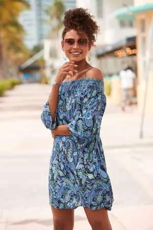 LASCANA Off-the-shoulder Tropical Print Dress - Blue Multi
