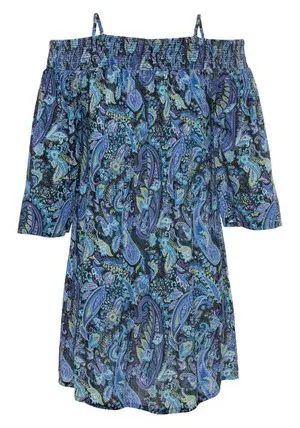 LASCANA Off-the-shoulder Tropical Print Dress - Blue Multi