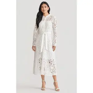 Ming Wang Fit-and-flare Lace Midi Dress With Mandarin Collar